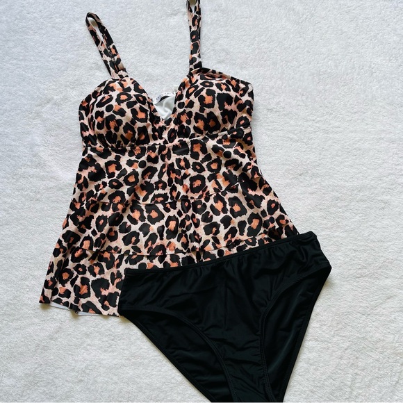 Ekouaer | Swim | Leopard Black Tiered Ruffle Tankini Swimsuit Nwt ...